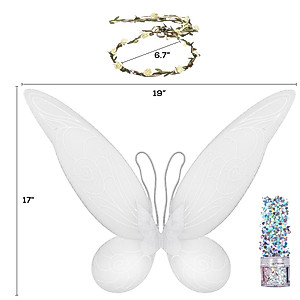 Funcredible Fairy Costume Accessories - White Fairy Wings and Flower Crown, Glitter - Tooth Fairy Cosplay Outfit for Women and Girls