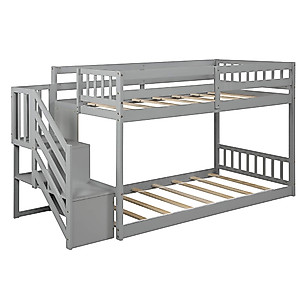 Low Bunk Beds Twin Over Twin with Stairs Solid Wood Bunk Bed Frame for Kids Boys Girls Teens, Gray