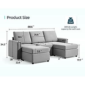 LINSY HOME Modular Sofa, Sectional Couch L Shaped Sofa with Storage, Modular Sectionals with Storage Space and Ottomans, Modern Small Sofa with Chaise for Living Room, Gray