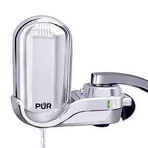 PUR PLUS Vertical Faucet Mount Water Filtration System with 3-in-1 Lead Reducing Filter for Great-Tasting Filtered Tap Water, Lasts 100 Gallons, Fits Most Kitchen or Bathroom Faucets, Stainless Steel