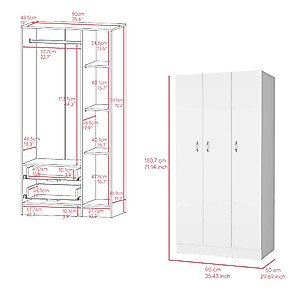 Wardrobe Erie with Four Storage Shelves, Two Drawers and Three Doors -White.