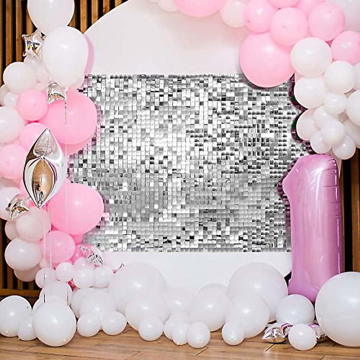 PERLAW Shimmer Wall Backdrop Shimmer Wall Panels - 24 Panels Square Sequin Shimmer Backdrop for Birthday Decorations Wedding & Graduation Party Supplies (Silver)