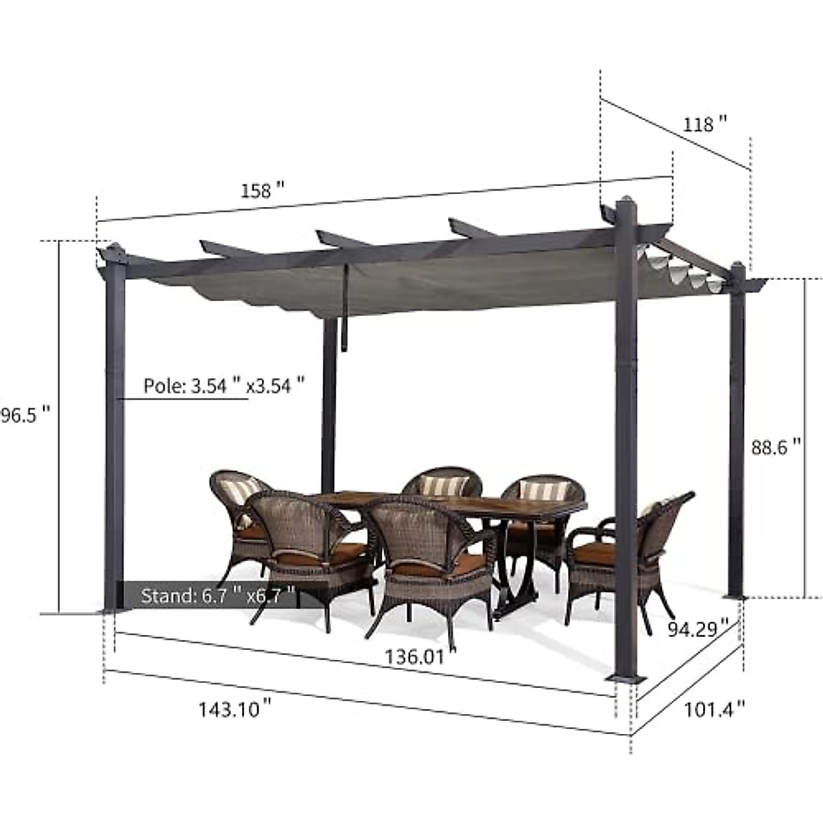 PURPLE LEAF 10' X 13' Outdoor Retractable Pergola with Sun Shade Canopy Patio Metal Shelter for Porch Garden Beach Pavilion Grill Gazebo Modern Yard Grape Trellis Pergola, Gray