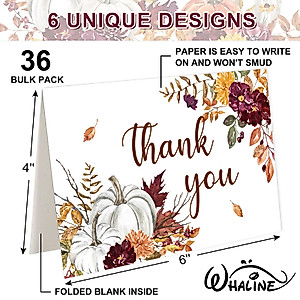 Whaline 36 Pack Fall Thank You Card Watercolor Floral Pumpkin Leaves Greeting Cards with Envelope Sticker Blank Note Cards for Autumn Thanksgiving Wedding, 4 x 6 Inch