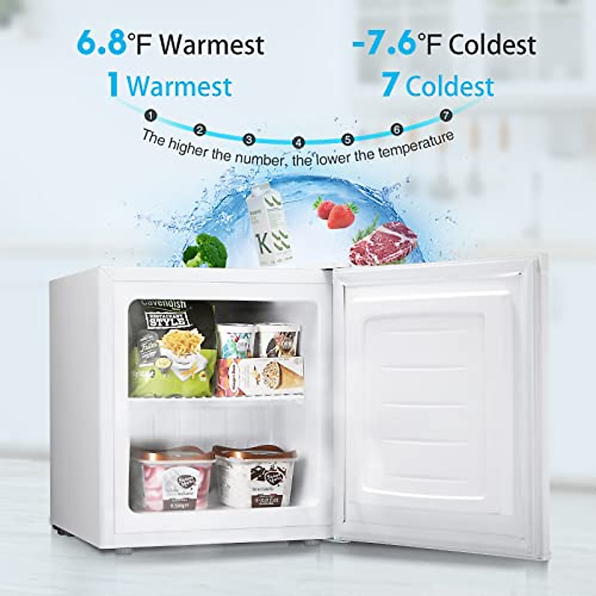 R.W.FLAME Mini Freezer 1.1 Cubic Feet, Small Freezer Reversible Single Door, Upright Freezer with Shelves, Adjustable Feet for Bedrooms/Dorms/Apartment/Office/Home (White)