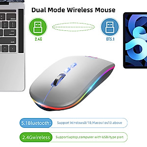 HOTLIFE LED Wireless Mouse, Slim Rechargeable Silent Bluetooth Mouse, Portable USB Optical 2.4G Wireless Bluetooth Two Mode Computer Mice with USB Receiver and Type C Adapter(Silver)