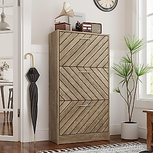 WOODTIME Shoe Cabinet with 3 Flip Drawers & Shutter Doors, Modern Shoe Rack Cabinet with Removable Divider, Narrow Shoe Storage Organizer for Slim Entryway, Dorm, Brown