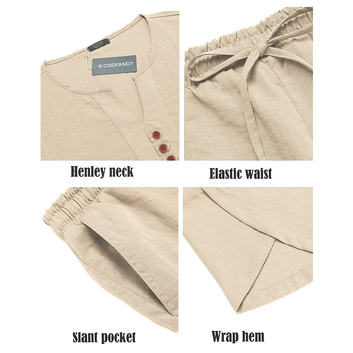 COOFANDY Men's 2 Pieces Linen Set Henley Shirt Short Sleeve and Harem Capri Pants Wide Leg Baggy Beach Yoga Trousers Outfits