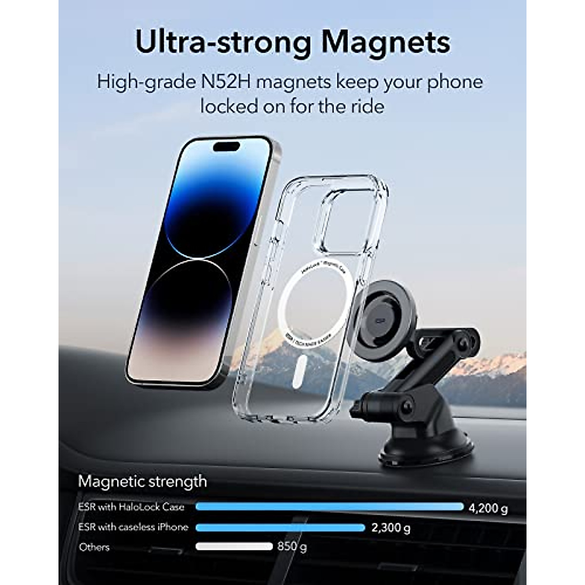 ESR Dashboard Car Phone Mount (HaloLock), Compatible with MagSafe Car Mount, Windshield Magnetic Car Phone Holder for iPhone 14/13/12 Series, Car Accessories, Charging Not Supported, Metallic Grey