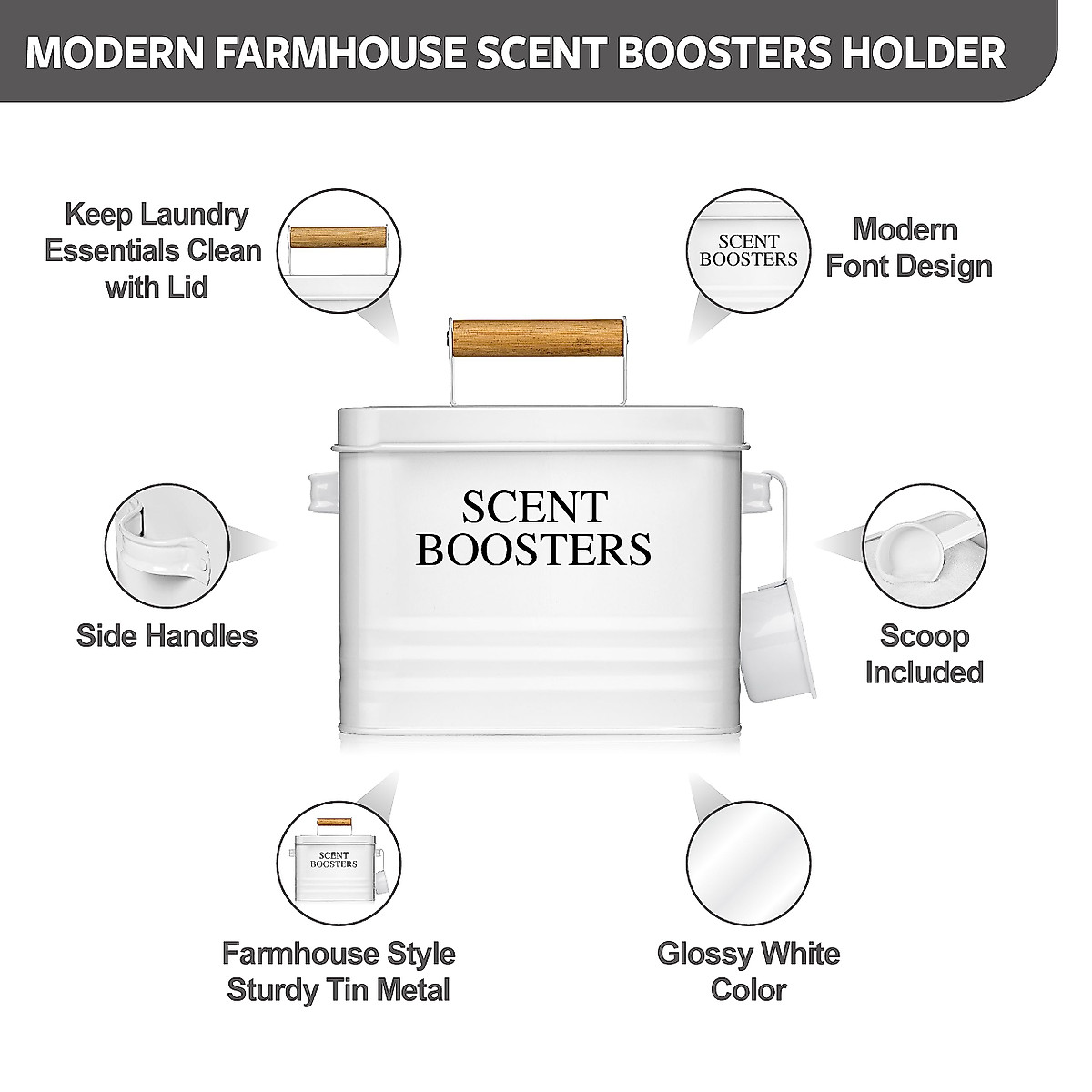 Calindiana Modern Farmhouse Metal Laundry Scent Booster Beads Dispenser Container with Scoop for Laundry Room Decor and Accessories and Space Saving Laundry Room Organization and Storage, White