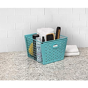 Spectrum Diversified Macklin, Stamped Steel & Wire Basket for Closet & Cubby Storage Vintage-Inspired Design with Customizable Label Plate, Large, Teal