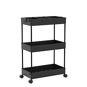 SPACELEAD 3 Tier Rolling Cart with Wheels, Storage Craft Art Cart Trolley Organizer Serving Cart, 3 Hanging Baskets Easy Assembly, for Office, Living Room, Kitchen, Black