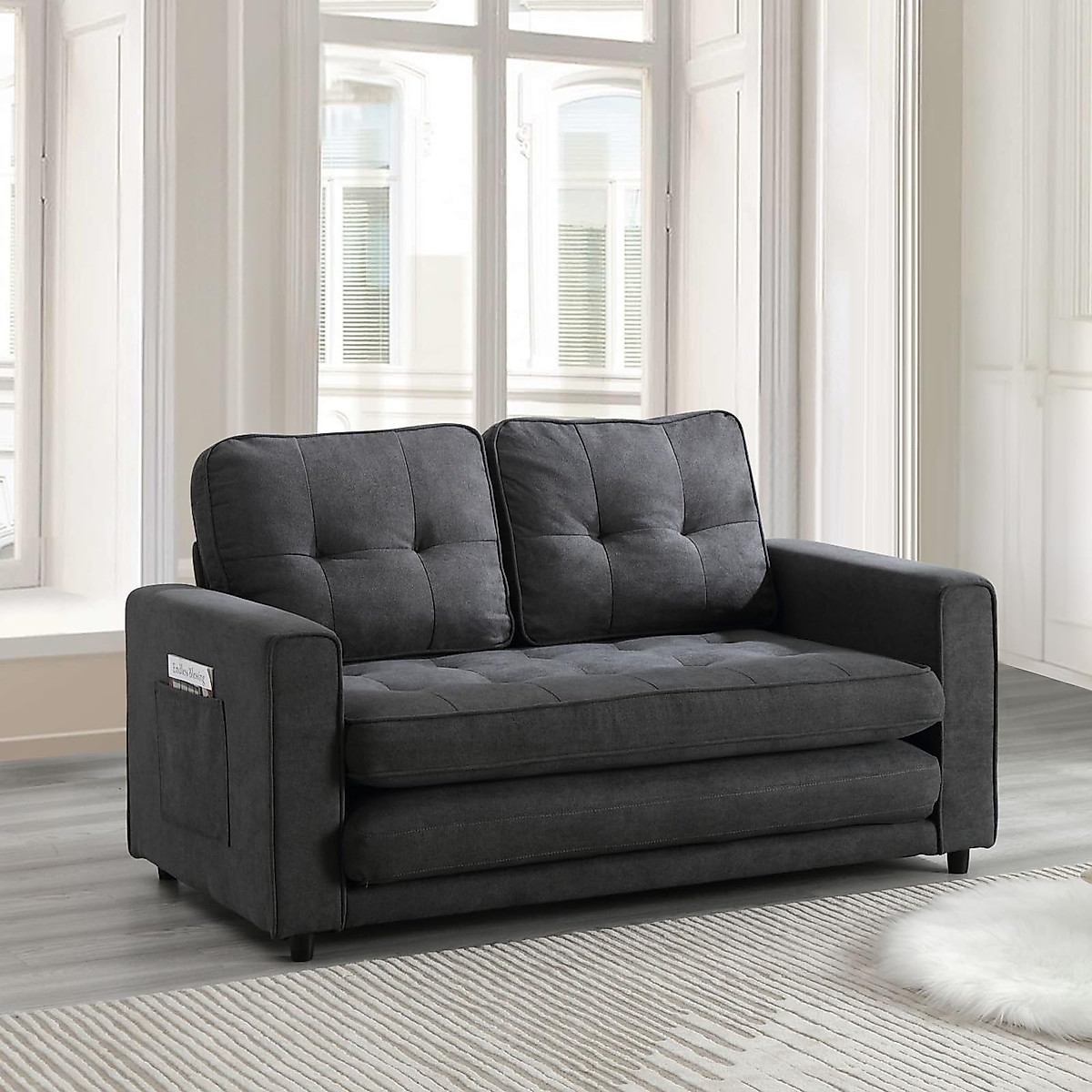 JEEOHEY Loveseat Sleeper, 83”L Convertible Sofa Bed Couch for Living Room, Folding Futon Couches for Small Spaces Apartment, Foldable Floor Gaming Sofa Couch with Legs, Back Cushion, Grey