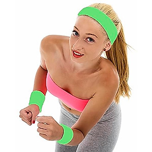 80s Sweatbands Neon Sweatbands Set Includes Pink, Blue, Yellow and Green Headband and Wristbands, Sweat Bands Headbands for Women with Matching Wristbands, Sweatbands for Women for Halloween Costumes