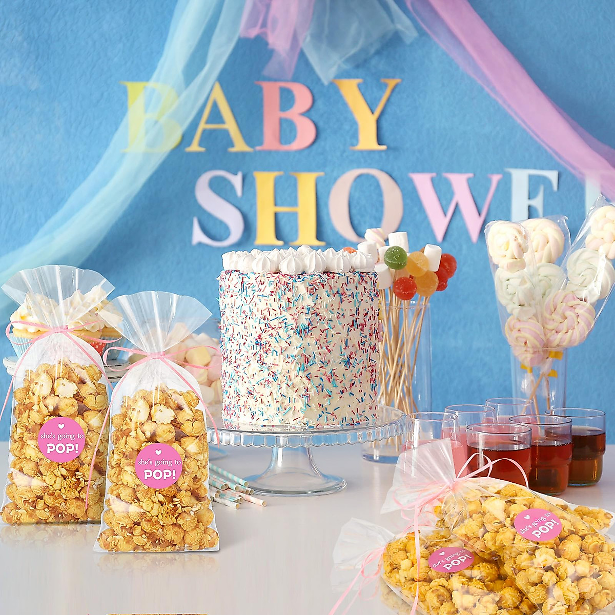 Menkxi 100 Pack Clear Popcorn Bags Bulk 4.92 x 10.83 Inch Cellophane Treat Bags with She Is Going to Pop Label and Ribbon Plastic Popcorn Bags for Gift Wrapping, Food Storage, Baby Shower Decor(Pink)
