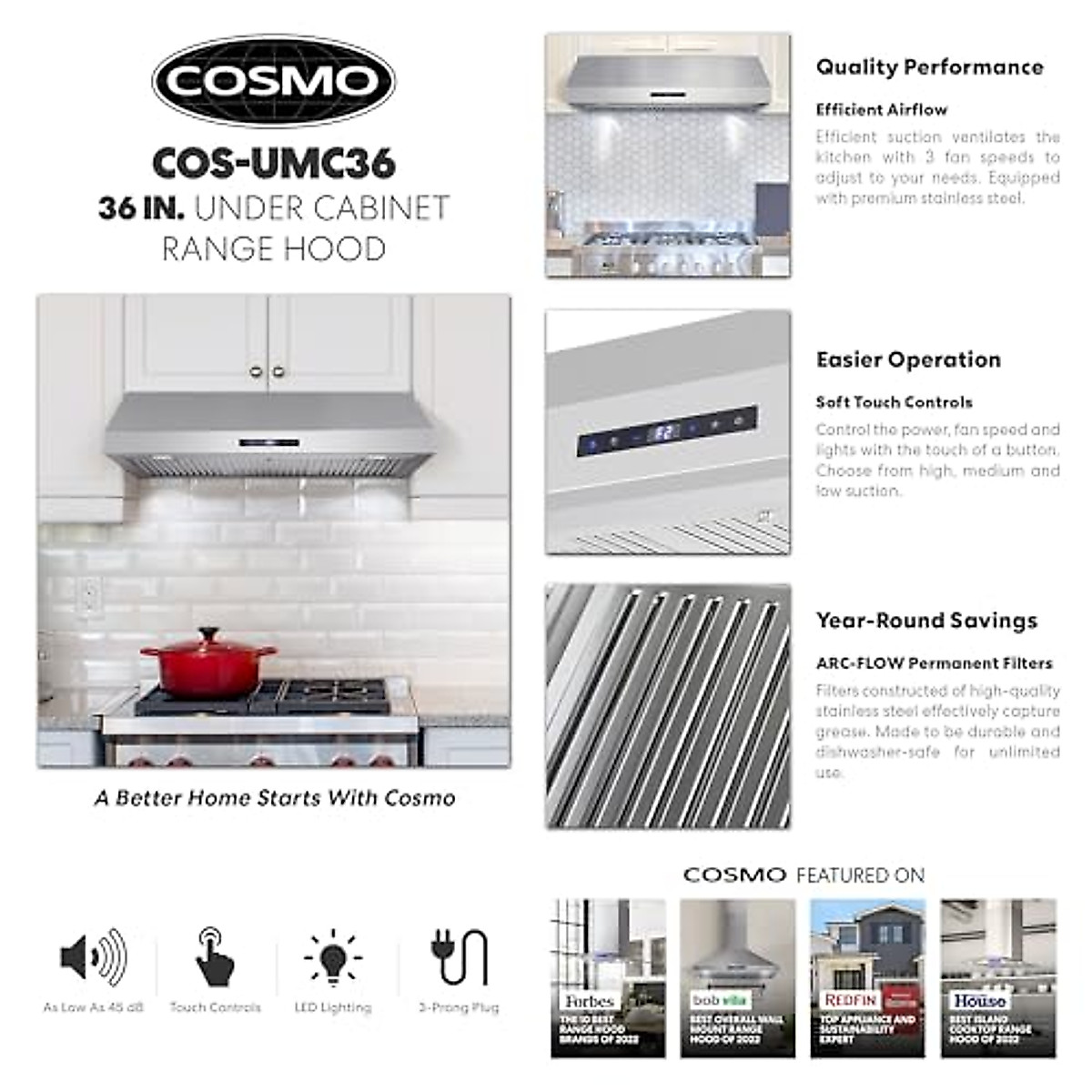 COSMO UMC36 36 in. Haven Collection 380 CFM Ducted Under Cabinet Range Hood, LED Lights, Touch Controls, Stainless Steel