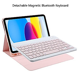Keyboard Case for iPad 10th Gen 10.9", iPad 10th Generation Case with Keyboard 10.9 inch 2022, Detachable Rechargeable Wireless Bluetooth Keyboard with Pencil Holder Smart Folio Keyboard Case (Pink)