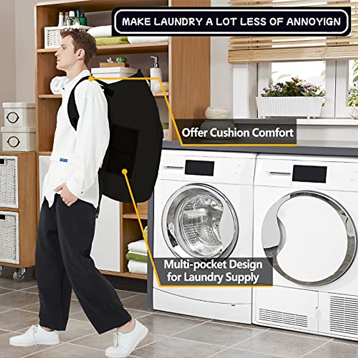 115L Laundry Bag Backpack Extra Large - Heavy Duty Laundry Bag with External Pocket and 2 Pockets with Zipper, Black Durable Laundry Bag with Labor-saving belt, Sturdy Waterproof Laundry Hamper for Travel, Apartment, Laundromat