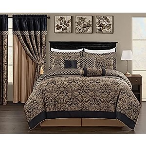 Chezmoi Collection 7-Piece Black/Gold Diamond Floral Medallion Jacquard Woven Comforter Set, California King
