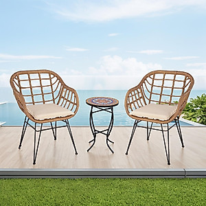 MOOOTTO 3 Pieces Outdoor Conversation Set, Patio Bistro Sets with 2 PE Wicker Chairs and Coffee Table,Patio Furniture Set for Porch, Sunroom, Deck, Backyard