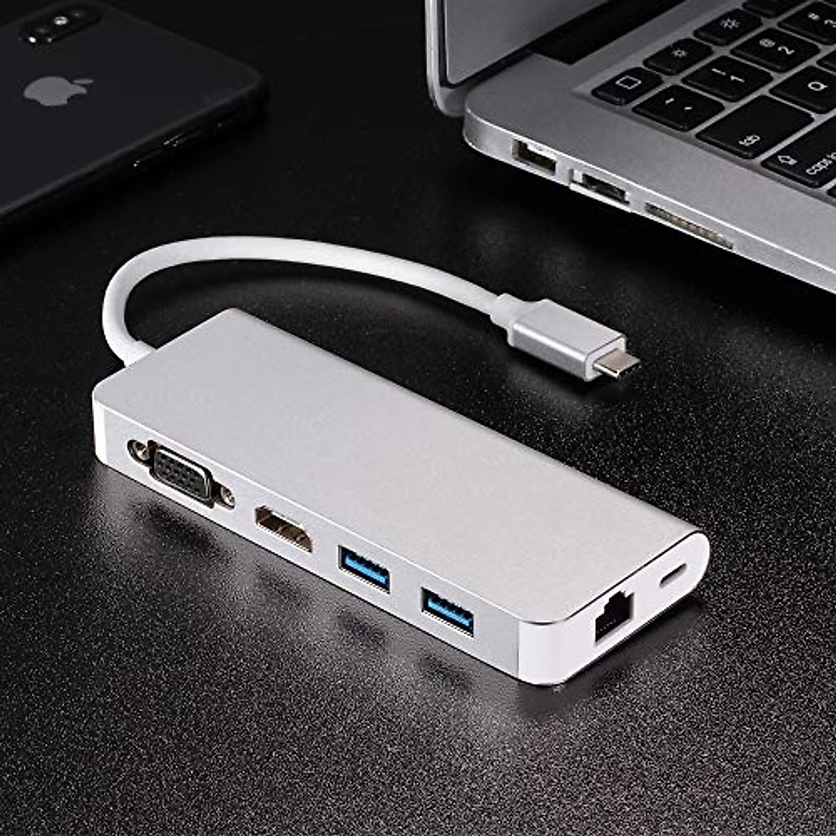 PANUSBGHUB USB 3.0 Hubs 6 in 1 Type C Hub Type-C to HDMI VGA RJ45 Dual USB3.0 PD Charging Port Adapter Cable Converter for Laptop MacBook(Silver) (Color : Black)