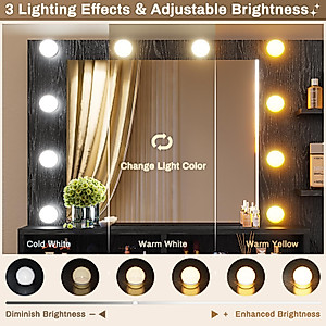 BTHFST Makeup Vanity with Lights and Charging Station, Black Vanity Desk with Mirror and Lights, Makeup Table with 5 Drawers and Shelves, Vanity Mirror with Lights Desk, Black Wood Grain