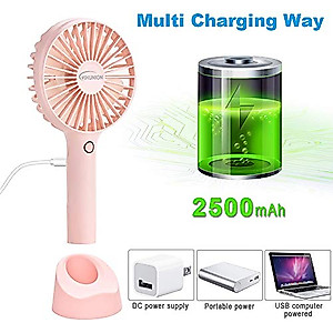 YIHUNION Mini Handheld Fan Portable, Hand held Personal Fan Rechargeable Battery Operated Powered Cooling Desktop Electric USB Fan with Fan Stand, 2500mAh Battery 4 Modes for Home Travel Outdoor（Pink）