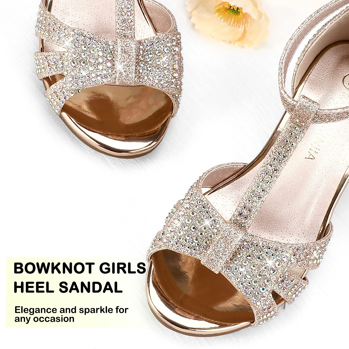 PANDANINJIA Sally Girls Heels Todder Rhinestone Dress Shoes Pump T Strap Open Toe Bow Little Big Kids Flower Girl Shoes(Gold Glitter 2 M US Little Kid)