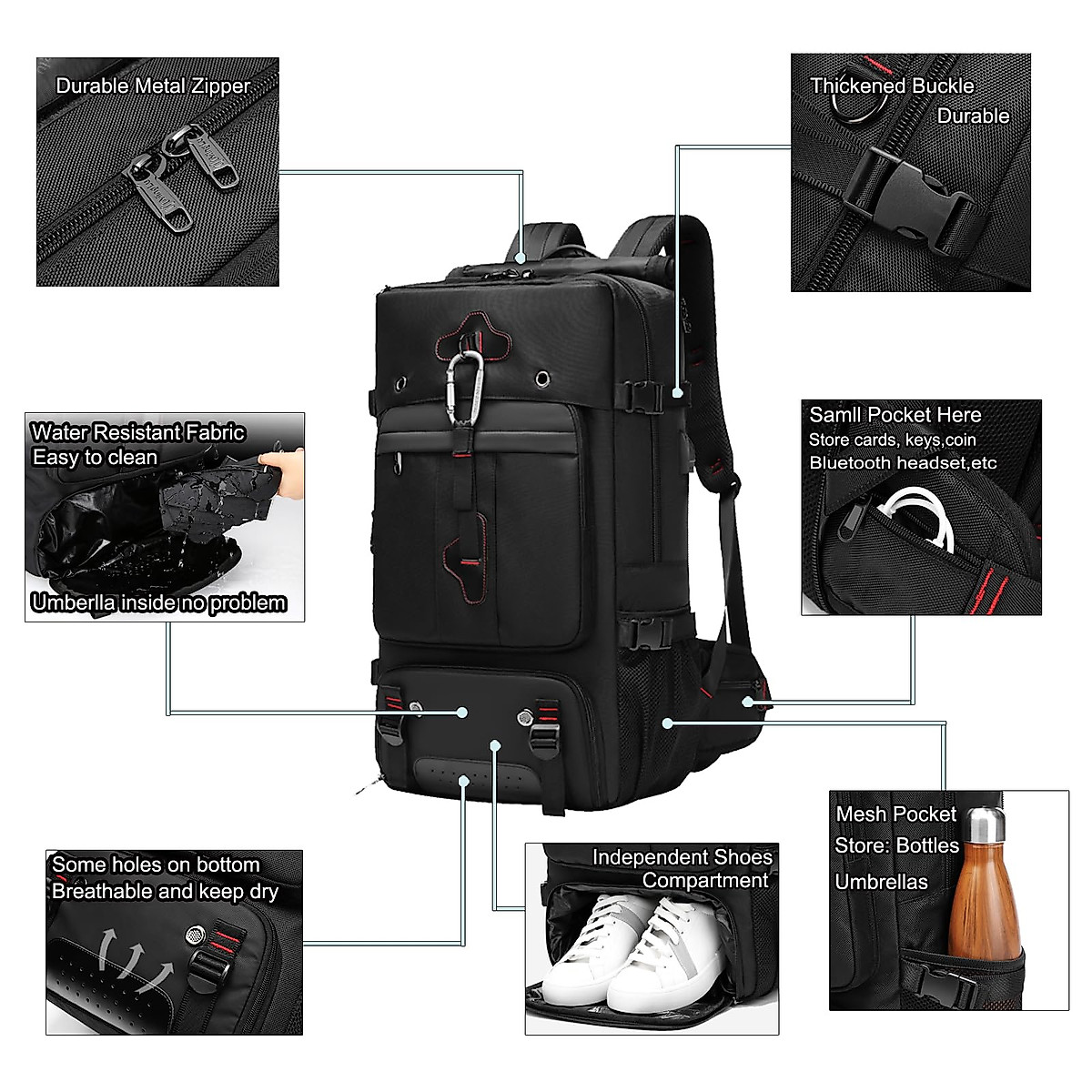 ODSSTAIPS Backpack for Traveling on Airplane,17 inch Laptop Backpack for Men,Waterproof Carry on Backpack Flight Approved,70L Travel Backpack for Personal Item Size with Shoe Compartment,Black