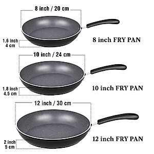 Cook N Home 8"/10"/12" 3 Pieces Frying Saute Pan Set with Non-stick Coating and Induction Compatible bottom, Black