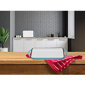 Enameled Cast-Iron Rectangular Grill Pan with Ridges, Oven Safe, Non-Stick Coating, Loop Handles, 9.5" x 13.5", Enameled Blue