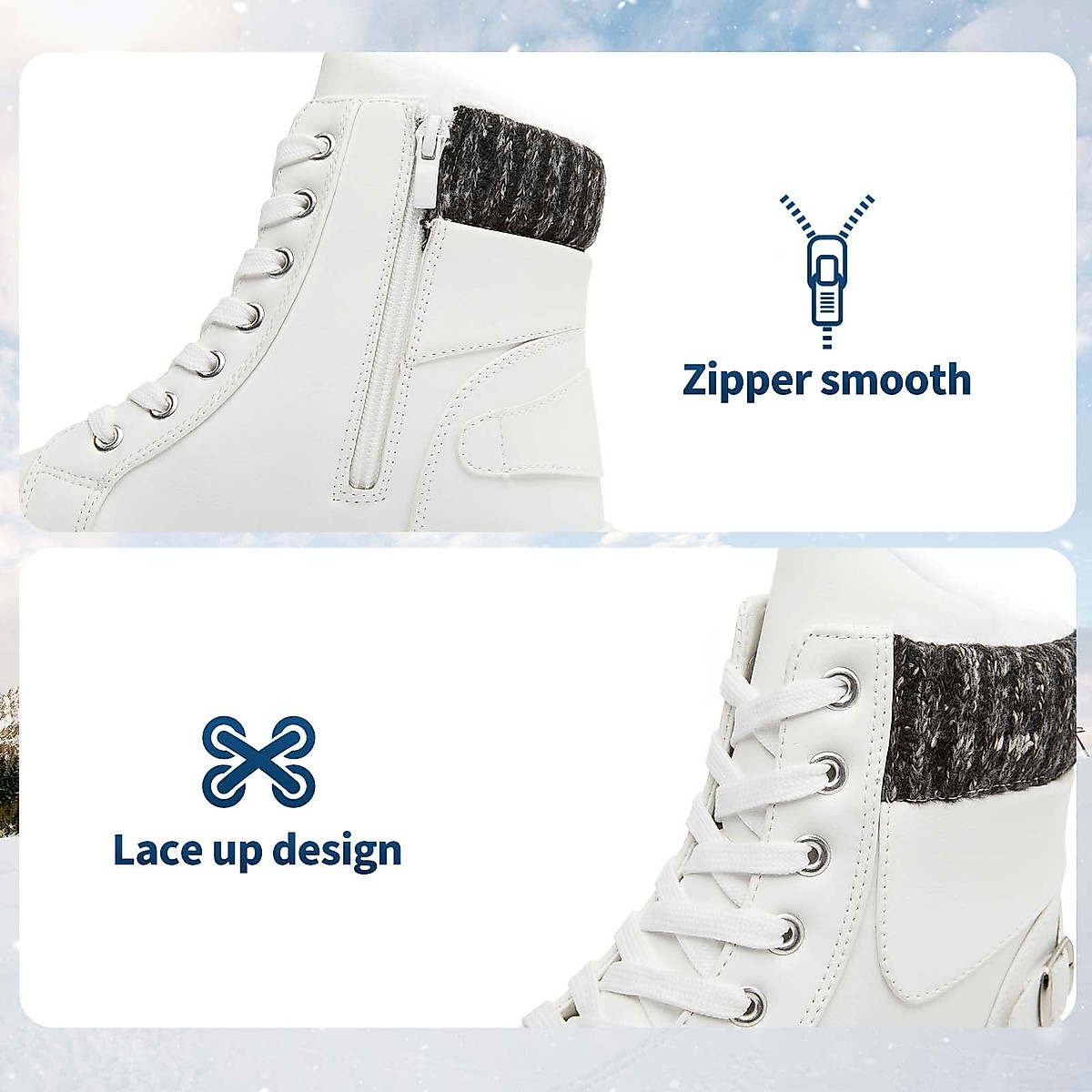 XRH Women Lace Up Combat Boot Winter Snow Boots Warm Fur Lined Ankle Booties Waterproof Hiking Boot for Women Non Slip Leather Boot Shoes(White.US10)