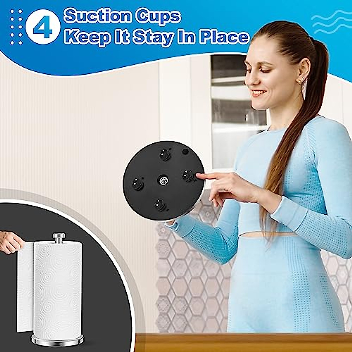 SMARTAKE Paper Towel Holder, Standing Kitchen Roll Holder with Suction Cups, One-Hand Tear Paper Towel Stand, Non-Slip Weighted Base, Fit Most Paper Rolls, for Kitchen Table Countertop, Silver
