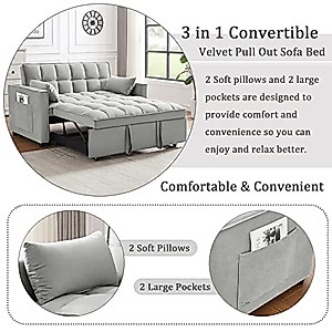 Velvet Pull Out Sleeper Sofa Bed, Convertible Futon Sofa Bed with Reclining Back, Modern Pullout Couch with 2 Pillows and Pockets, Upholstered Small Loveseat for Living Room, Guest Room, Dorm (Grey)