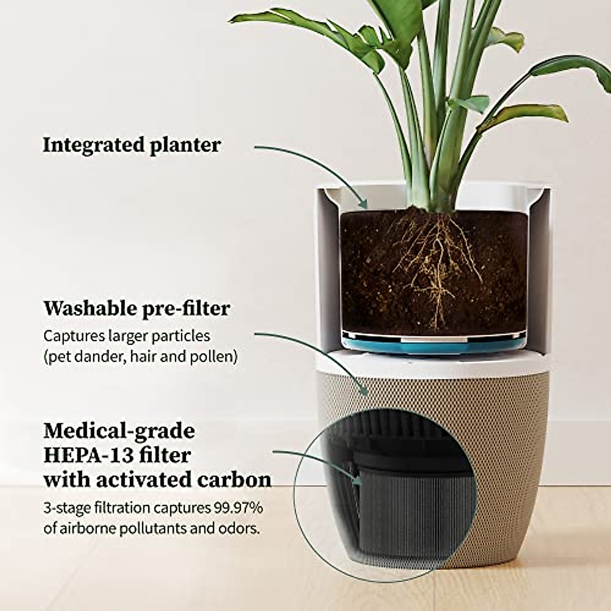 Dupray Bloom™ Air Purifier for Large Rooms with Planter or Custom Accent Table Design | For Home, Bedroom, Office, Dust, Pets | H13 HEPA Air Filtration (Planter, Cloudy Gray)