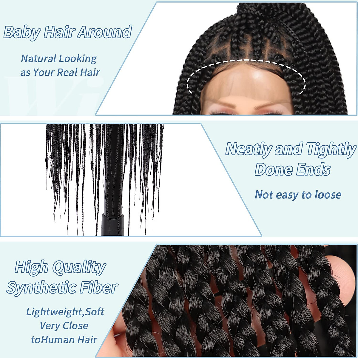 Fecihor 36" Knotless Braided Wigs Lace Front Box Braids Lace Frontal Wig for Women Human Hair Blended Black Hand Full double lace Braid Wig With Baby Hair