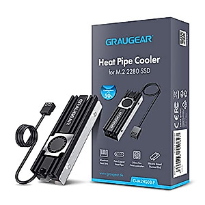 GRAUGEAR M.2 2280 SSD Heatsink, Direct-Touch Heat of Copper Heat Pipe, 20mm Built-in Cooling Fan, Aluminum Plate-Fin Design, Thermal Pads incl. Cooler for M.2 NVMe/SATA [G-M2HS08-F]