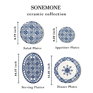 Sonemone 14 inch Blue Serving Platter, Ceramic Oval Serving Plates for Entertaining Party Restaurant, Turkey, Dishwasher & Microwave Safe