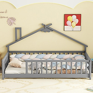 LostCat Twin Size Floor Bed with House-Shaped Bedside Design, Montessori Bed with Guardrails for Kids Boys Girls, Wood Slat Support, No Box Spring Needed, Grey