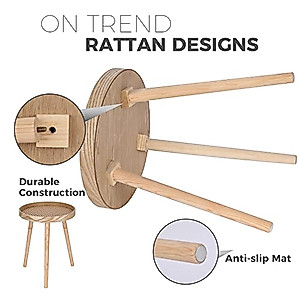 Small Side Table, Rattan Nightstand, Round End Boho Bedside Accent Mid-Century Modern Bed Tables for Living Room Bedroom Office Balcony(Natural Walnut)