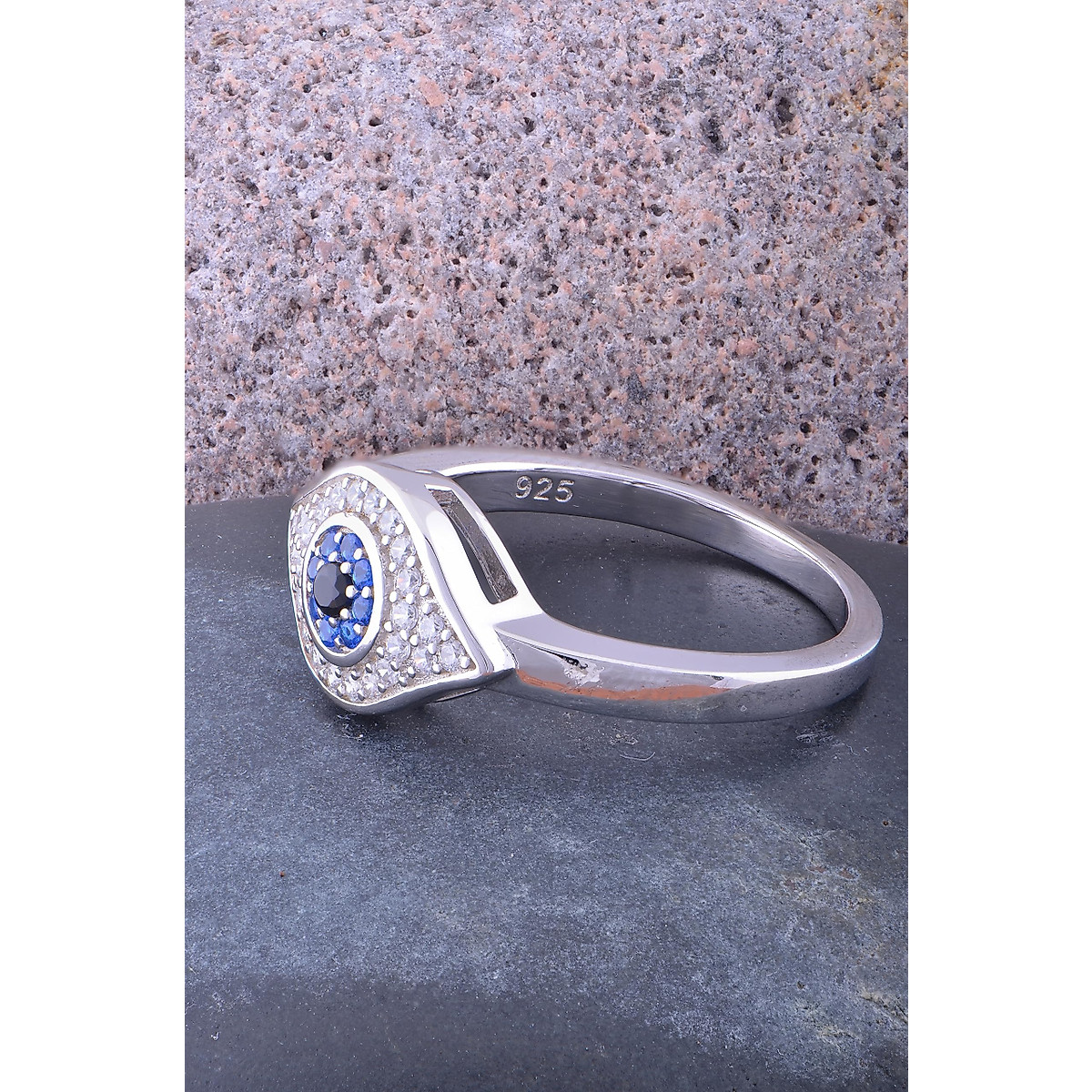 SILVERCLOSEOUT Rhodium Plated Sterling Silver Womens Blue Cz Evil Eye Ring - Size 7