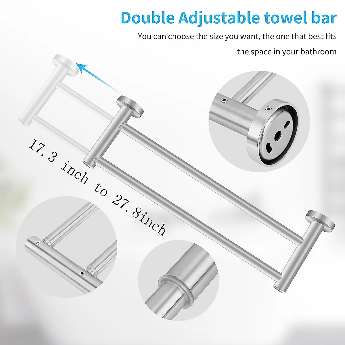 2PCS Double Adjustable Brushed Nickel Towel Bar 17 to 27 Inch, SUS304 Stainless Steel Towel Rack Wall Mounted