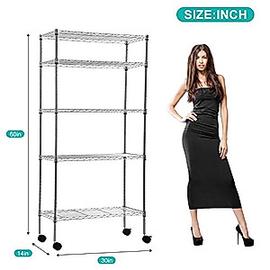 Metal Shelves 5-Tier Wire Shelving Unit 30" Lx 14" Wx 60" H Heavy Duty Storage Shelves with Casters Adjustable Layer Rack for Restaurant Garage Kitchen Laundry Pantry Storage Space-Saving, Chrome