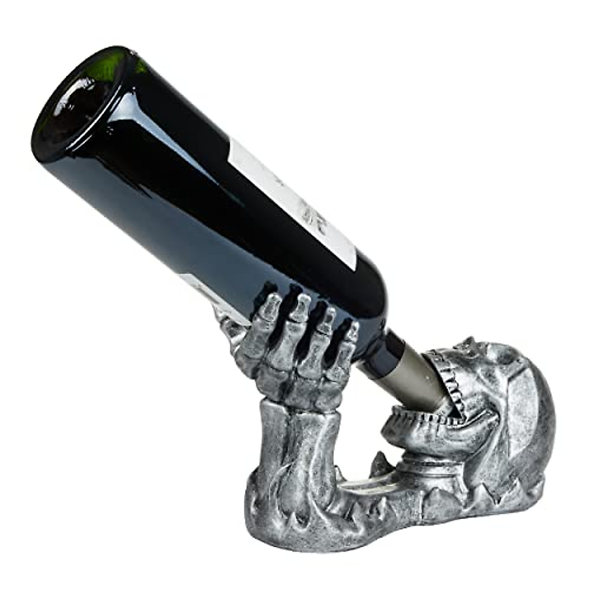 BRUBAKER Wine Bottle Holder Skull - Skull with Skeleton Hand Silver - Polyresin Bottle Decoration Figure Hand Painted Wine Accessory - Funny Wine Gift