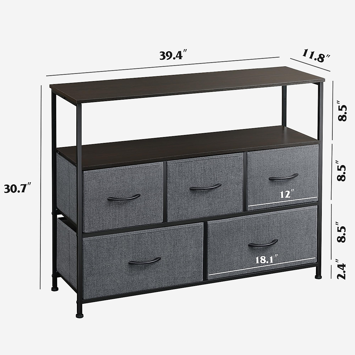 WLIVE Dresser TV Stand, Entertainment Center with Fabric Drawers, Media Console Table with Open Shelves for TV up to 45 inch, Storage Drawer Unit for Bedroom, Living Room, Entryway, Dark Grey