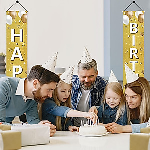 Gold White Happy Birthday Door Banner Decorations for Women Men, Golden Happy Birthday Porch Sign Party Decoration, White Gold 10th 16th 21st 30th 40th 50th 60th Bday for Outdoor Indoor