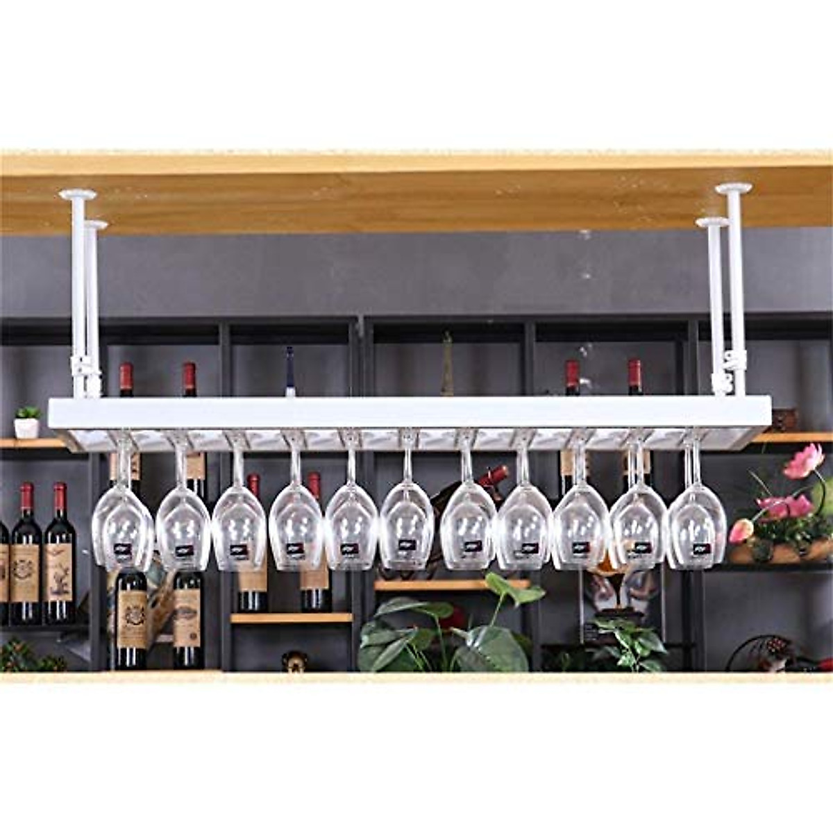Stylish Simplicity Stemware Racks, Ceiling Mounted Hanging Wine Bottle Holder Metal Goblet Wine Glass Rack Iron Storage Unit Floating Shelves Goblet Organiser for Bars/Living Room, PIBM, White, L6