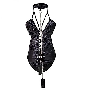 Mnhhatv Women's Sexy Leather Lingerie Set See-Through Plus Size V Neck Lingerie Bodysuit Nightgown for Sex Naughty Play Black