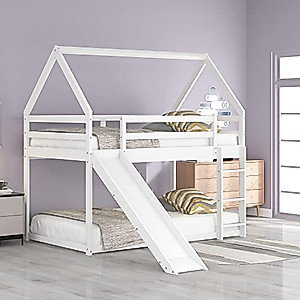 House Shape Bunk Bed with Slide and Ladder, Twin Over Twin Low Wooden Bed Frame with Guardrails for Teens Girls Boys, White (White)