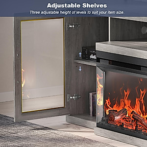 BELLEZE 57" TV Stand with 23" Electric Fireplace Heater with Sound, Entertainment Center for TVs Up to 65", Glass Door Storage Cabinet with 3-Side Glass Display Fireplace for Living Room, Bedroom-Grey